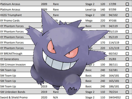 Gengar Pokémon Card List - Coded Yellow